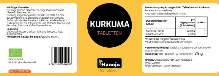 Bio Kurkuma Pulver 500 mg 150 Tabletten – Hanoju Deutschland GmbH