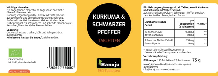 Bio Kurkuma Pulver + Bio Piperin 500 mg 150 Tabletten – Hanoju ...