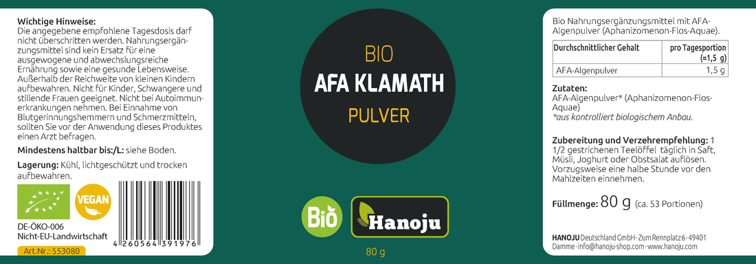 Organic Afa-Klamath (USDA) Algae Powder 80 g – Hanoju Deutschland GmbH
