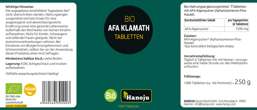 Bio AFA-Klamath (USDA) Alge 250 mg, 1000 Tabletten – Hanoju