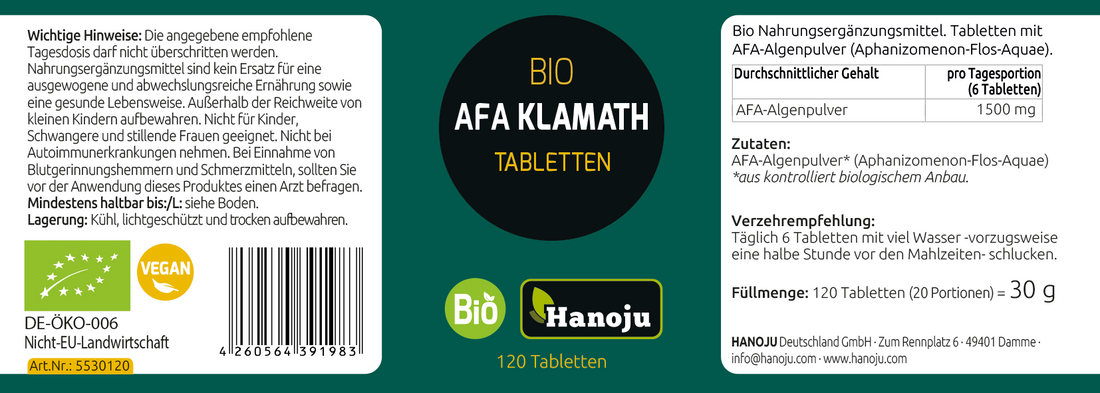 Bio AFA-Klamath Alge 250 mg, 120 Tabletten – Hanoju Deutschland GmbH