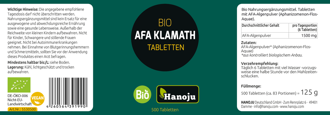 Organic AFA Klamath Algae 250 mg (USDA), 500 Tablets – Hanoju ...