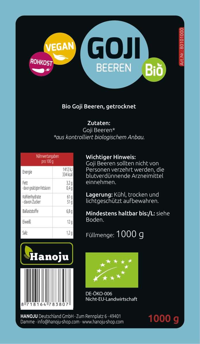 Bio Goji Beeren 1000 g Zipbeutel – Hanoju Deutschland GmbH