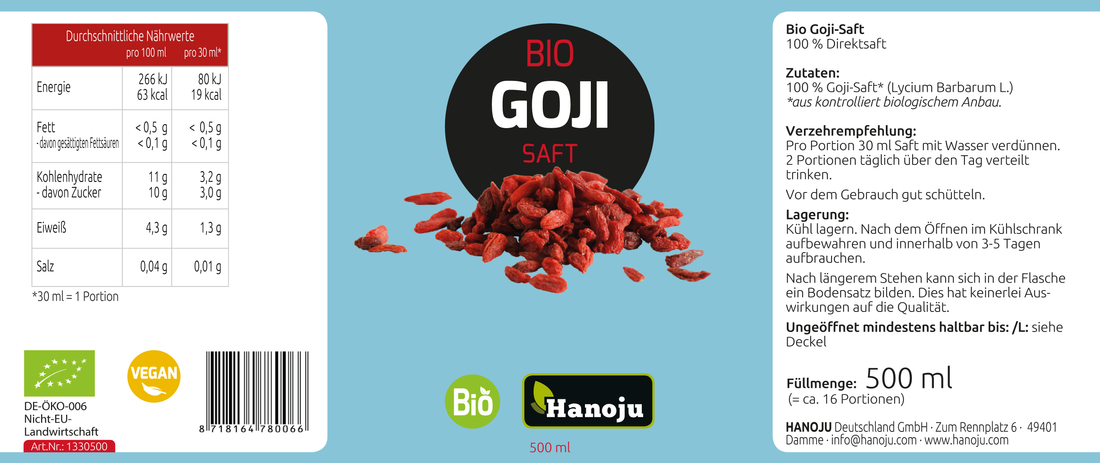 Organic Goji 100% Juice, 500 ml – Hanoju Deutschland GmbH