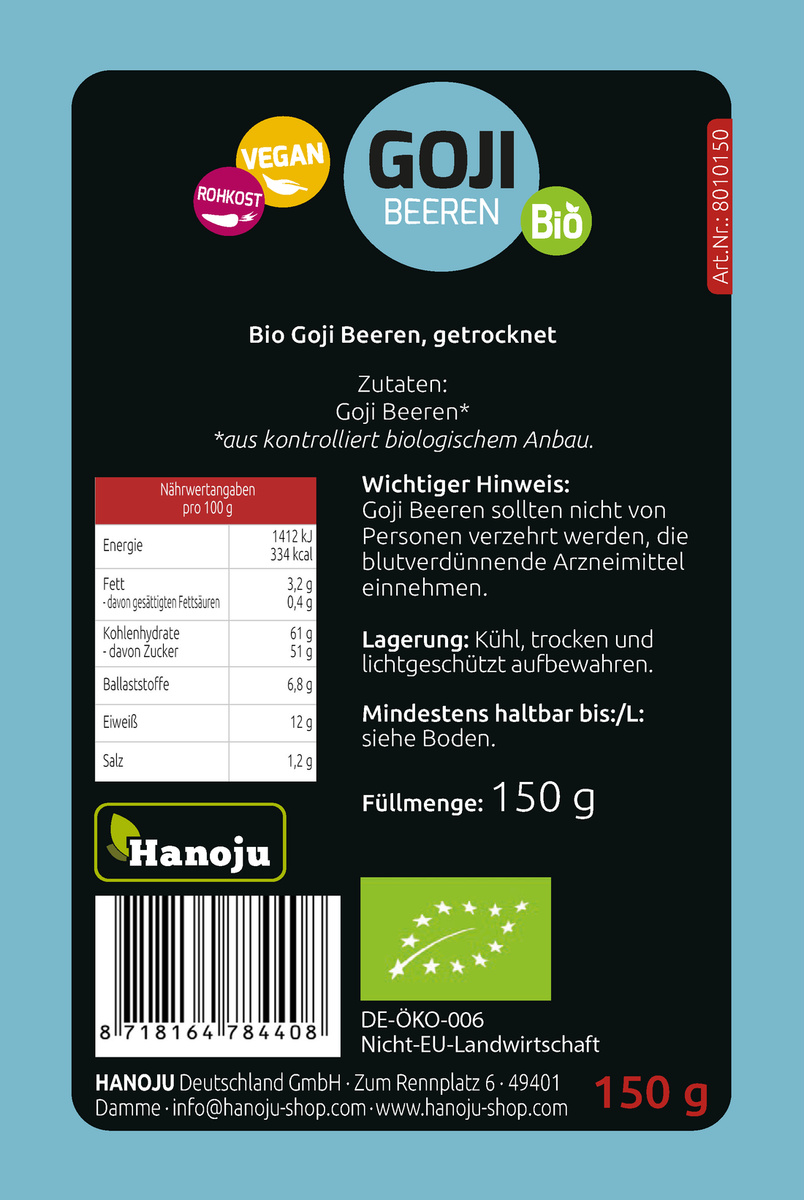 Organic goji berries 150 g in a paper bag – Hanoju Deutschland GmbH