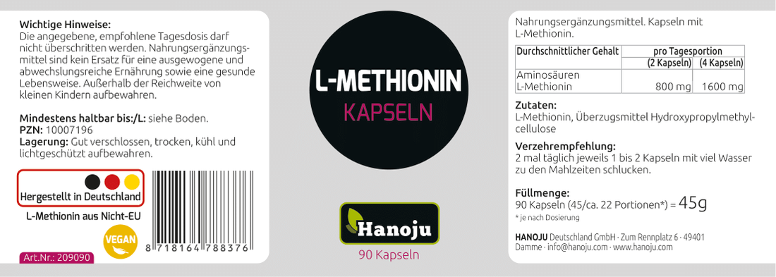 L-Methionin 400 mg, 90 Kapseln – Hanoju