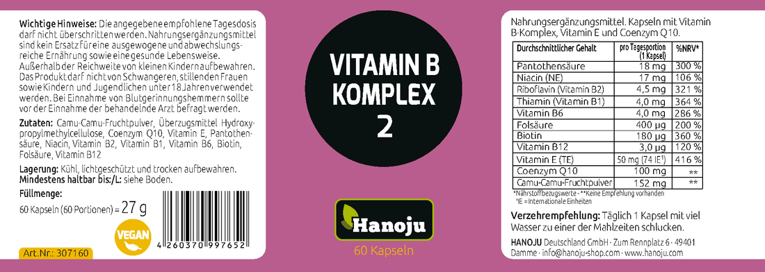 Vitamin B Komplex 2 (forte), 60 Kapseln – Hanoju Deutschland GmbH